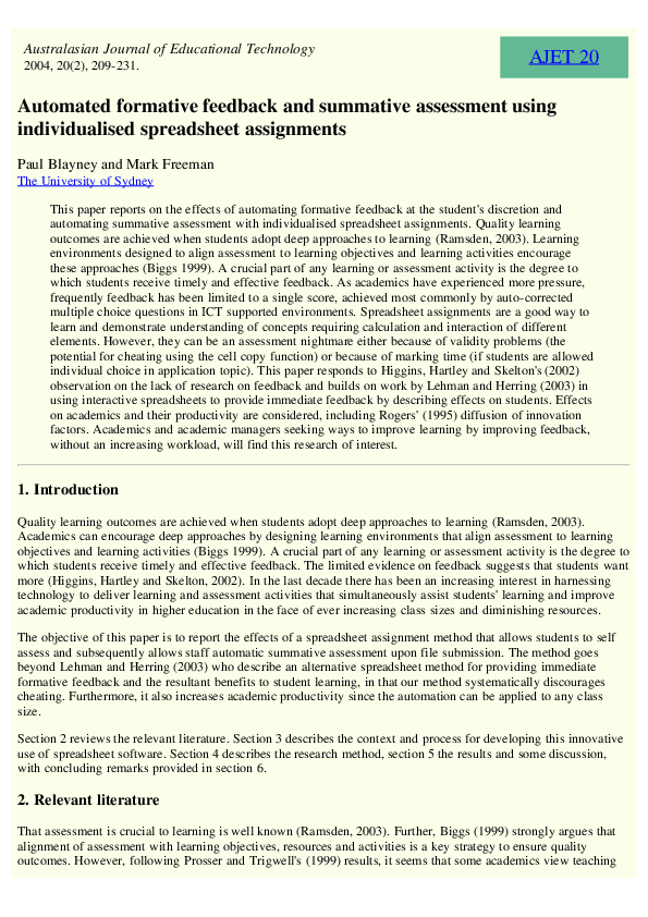 (PDF) Automated formative feedback and summative assessment using individualised spreadsheet ...