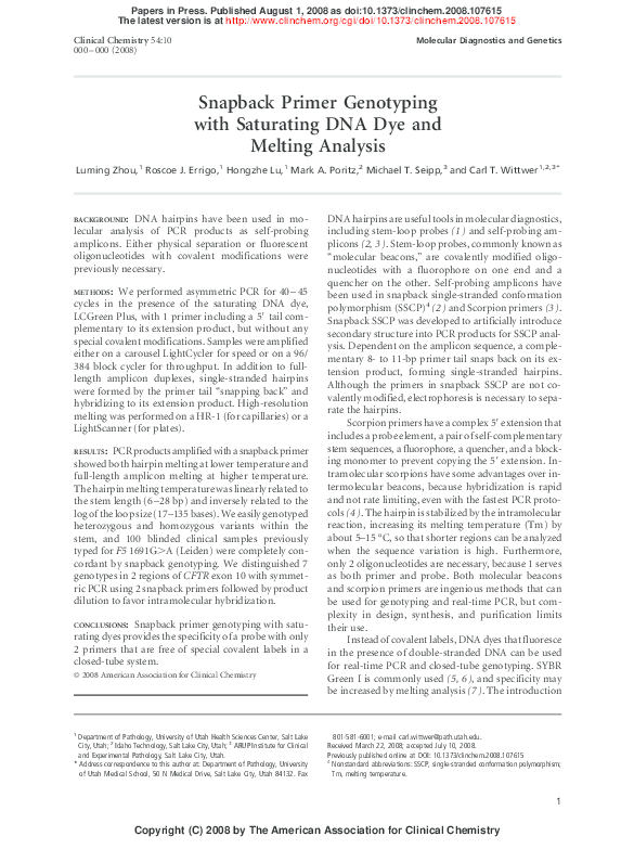 (PDF) Snapback Primer Genotyping with Saturating DNA Dye and Melting ...