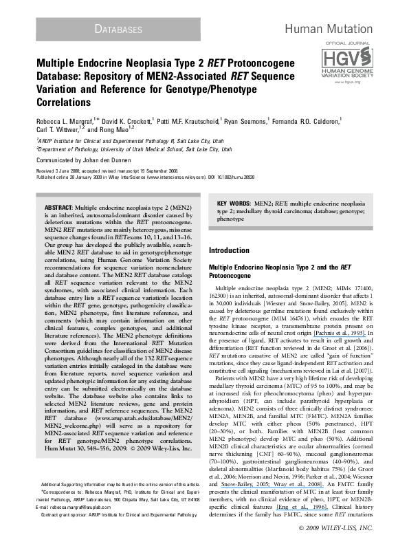 (PDF) Multiple endocrine neoplasia type 2 RET protooncogene database ...