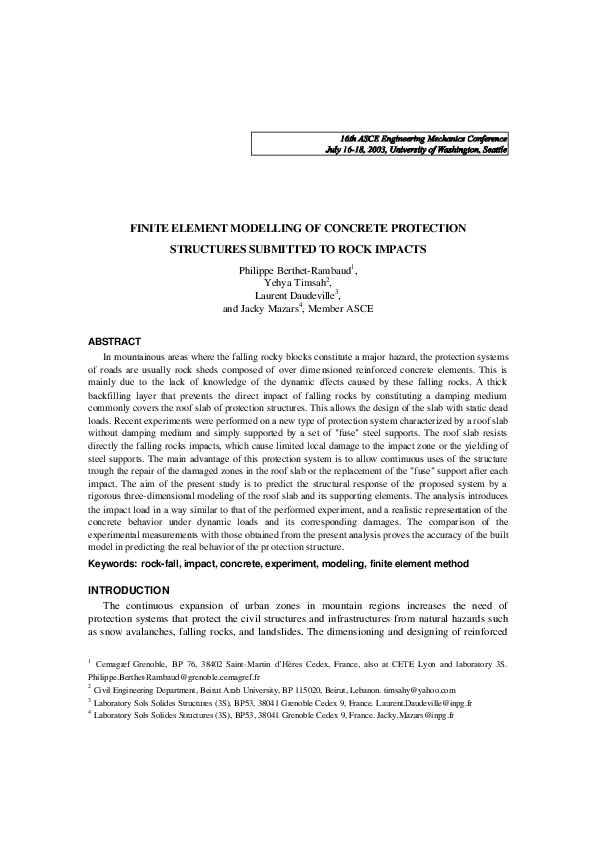 Pdf Finite Element Modelling Of Concrete Protection Structures Submitted To Rock Impacts