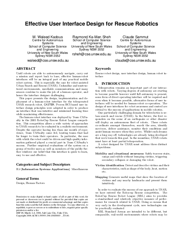 (PDF) Effective user interface design for rescue robotics