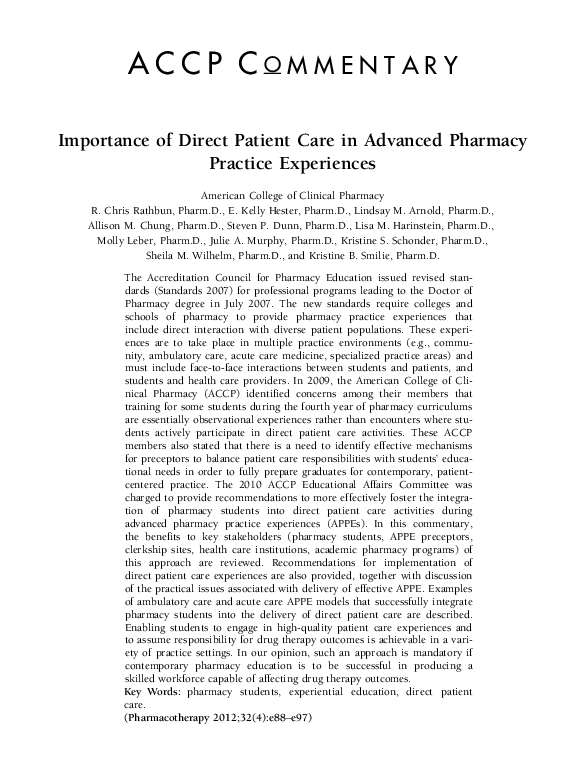 (PDF) Importance of Direct Patient Care in Advanced Pharmacy Practice Experiences