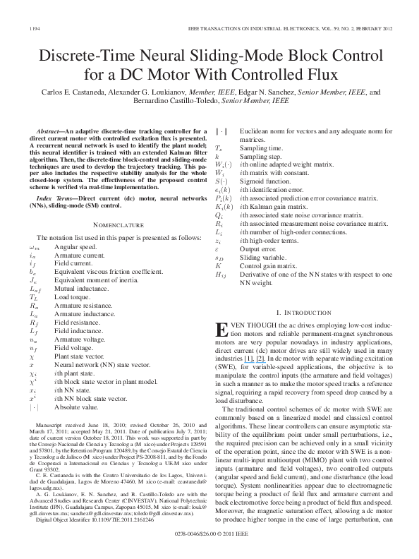 (PDF) Discrete-Time Neural Sliding-Mode Block Control for a DC Motor With Controlled Flux