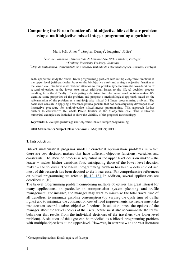 Pdf Computing The Pareto Frontier Of A Bi Objective Bi Level Linear Problem Using A
