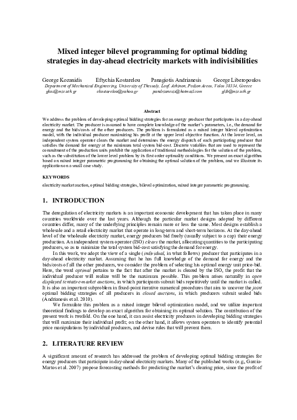 (PDF) Mixed integer bilevel programming for optimal bidding strategies ...