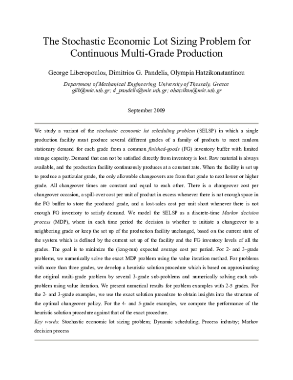 (PDF) The stochastic economic lot sizing problem for non-stop multi-grade production with ...