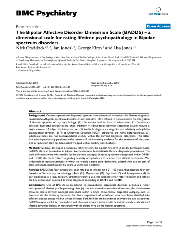 (PDF) The Bipolar Affective Disorder Dimension Scale (BADDS)--a ...