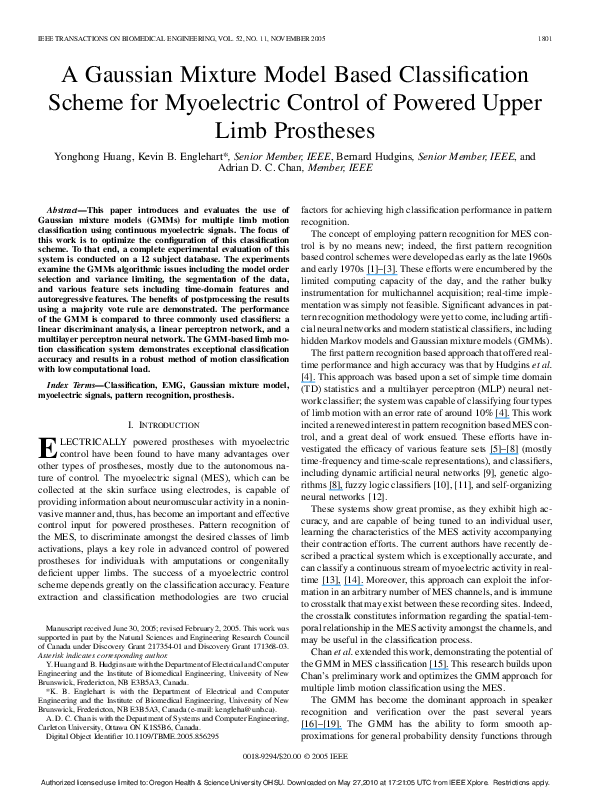 (PDF) A Gaussian Mixture Model Based Classification Scheme for Myoelectric Control of Powered ...