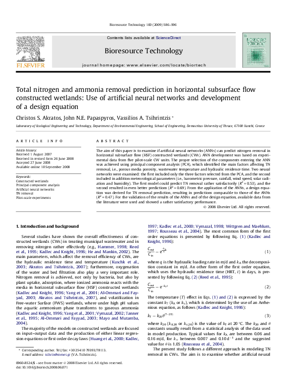 (PDF) Total nitrogen and ammonia removal prediction in horizontal subsurface flow constructed ...