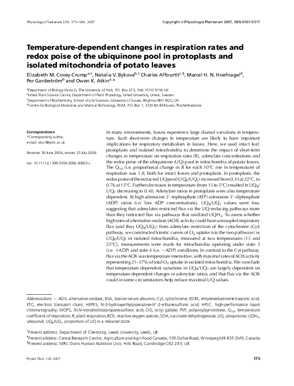 (PDF) Temperature-dependent changes in respiration rates and redox ...
