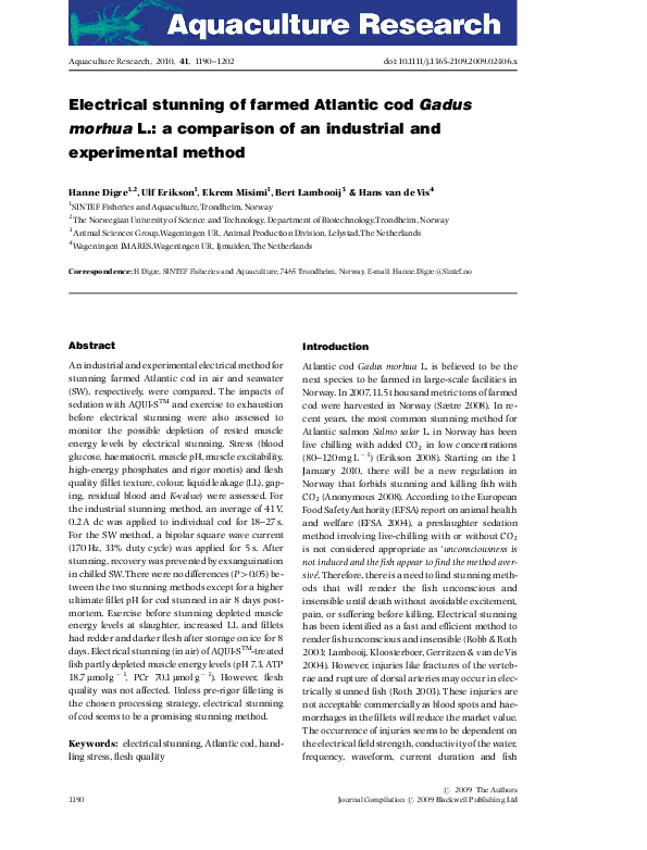 (PDF) Electrical stunning of farmed Atlantic cod Gadus morhua L.: a ...