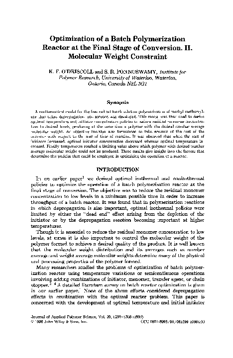 Pdf Optimization Of Batch Polymerization Reactors