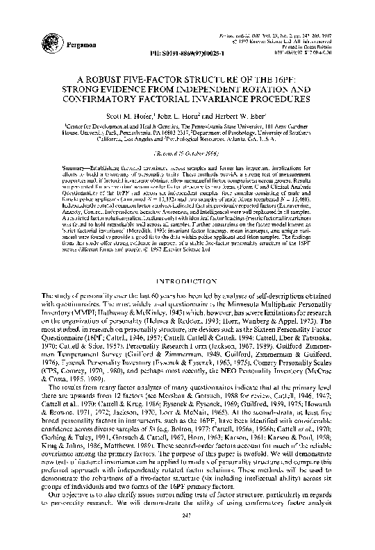 Pdf A Robust Five Factor Structure Of The 16pf Strong Evidence From Independent Rotation And