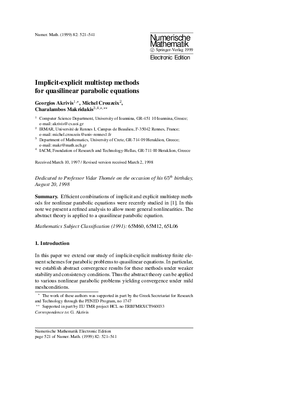 (PDF) Implicit-explicit multistep methods for quasilinear parabolic equations