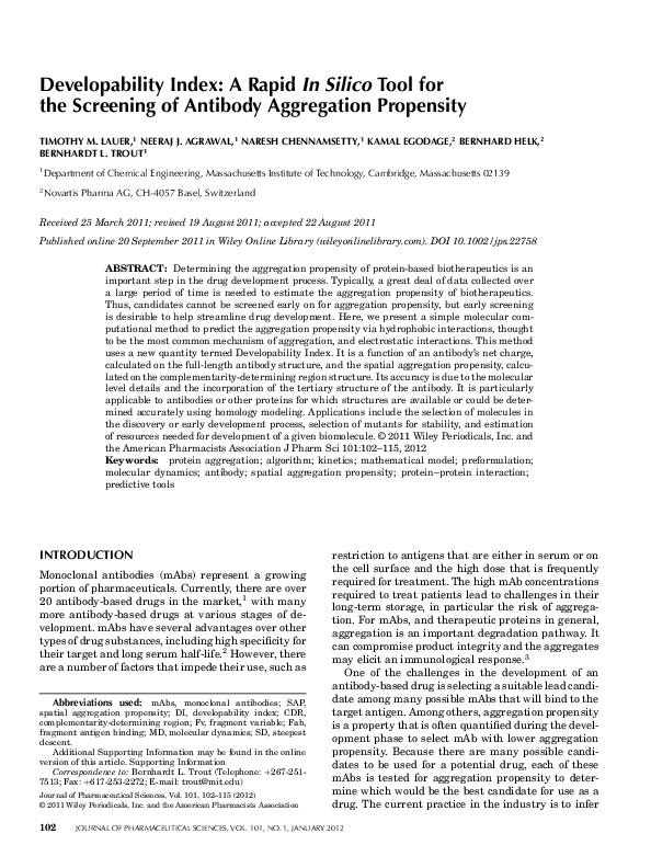 (PDF) Developability index: A rapid in silico tool for the screening of ...