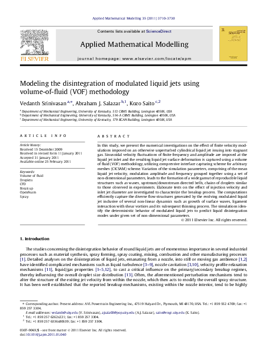 (PDF) Modeling the disintegration of modulated liquid jets using volume-of-fluid (VOF) methodology