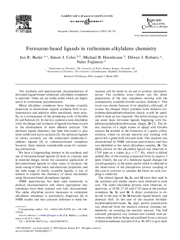 (PDF) Ferrocene-based ligands in ruthenium alkylidene chemistry