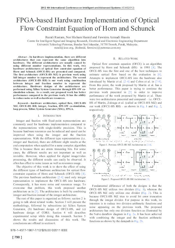 FPGA-based hardware implementation of optical flow constraint equation of Horn and Schunck