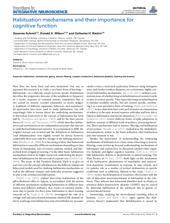 (PDF) Habituation mechanisms and their importance for cognitive function