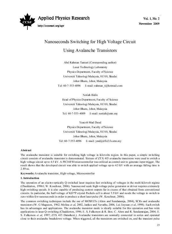 (PDF) Nanoseconds Switching for High Voltage Circuit using Avalanche Transistors