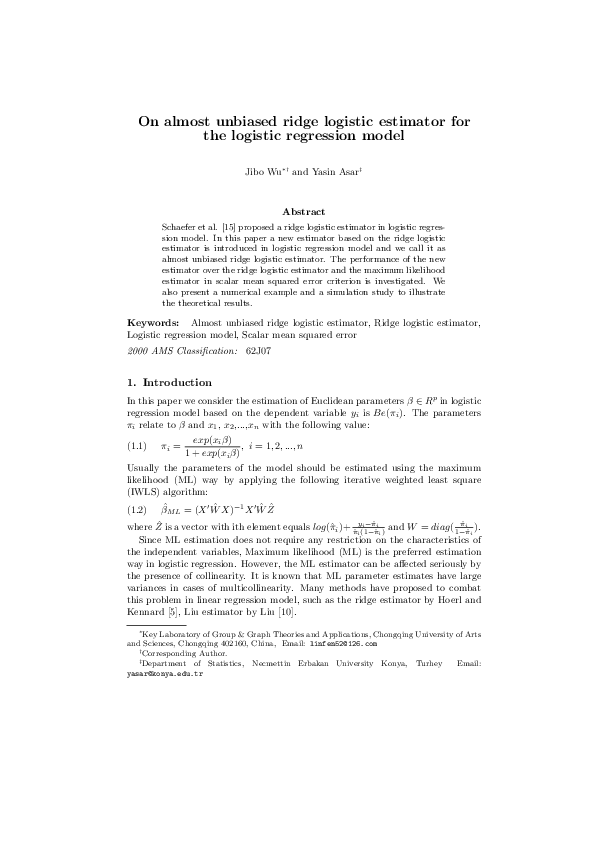 (PDF) On almost unbiased ridge logistic estimator for the logistic regression model