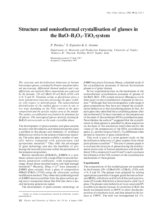 (PDF) Structure and nonisothermal crystallisation of glasses in the BaO–B2O3–TiO2 system