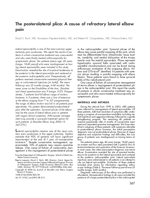 (PDF) The posterolateral plica: A cause of refractory lateral elbow pain