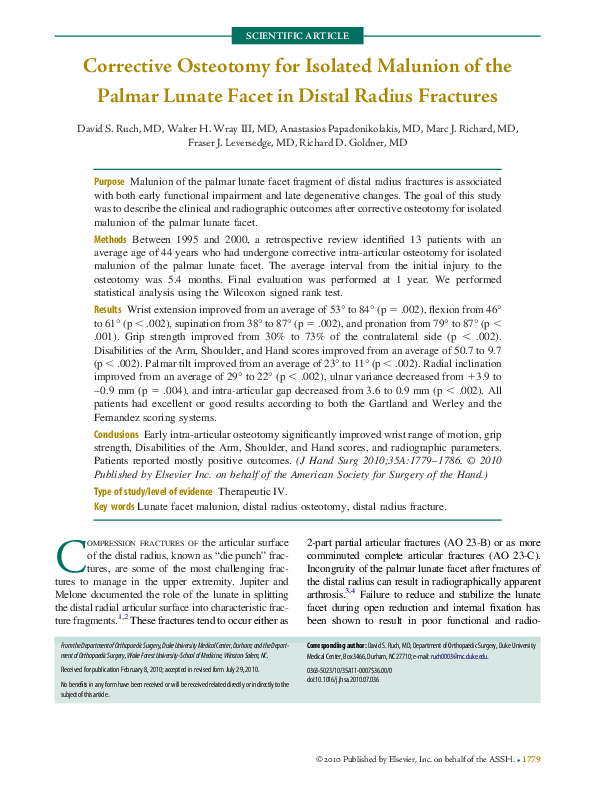 (PDF) Corrective Osteotomy for Isolated Malunion of the Palmar Lunate Facet in Distal Radius ...