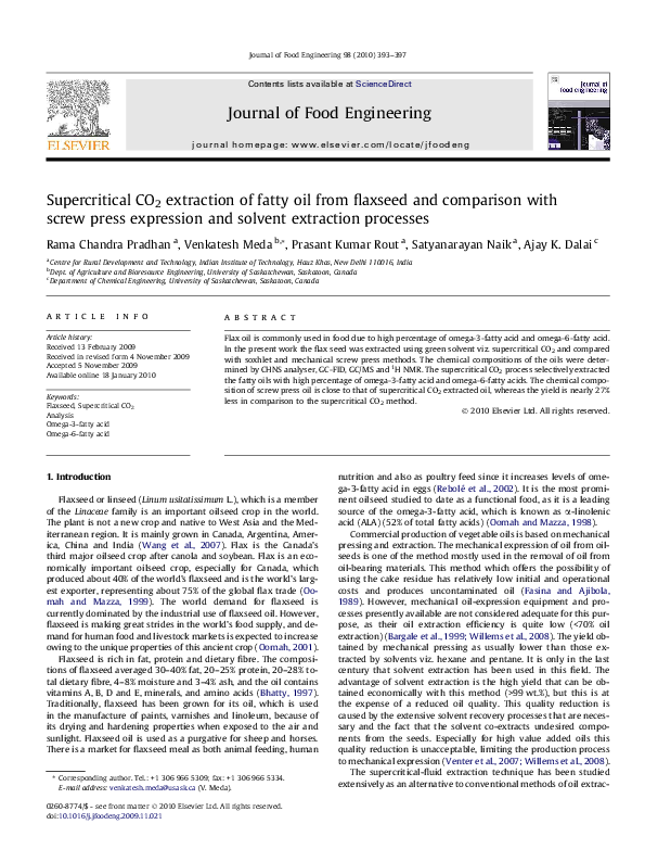(PDF) Supercritical CO2 extraction of fatty oil from flaxseed and ...