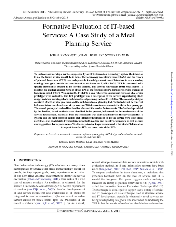 (PDF) Formative Evaluation of IT-based Services: A Case Study of a Meal Planning Service