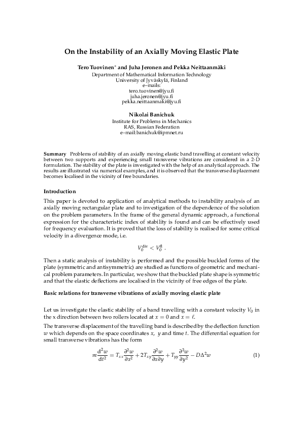 (PDF) On the instability of an axially moving elastic plate