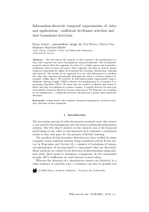 (PDF) Information-theoretic temporal segmentation of video and applications: multiscale ...