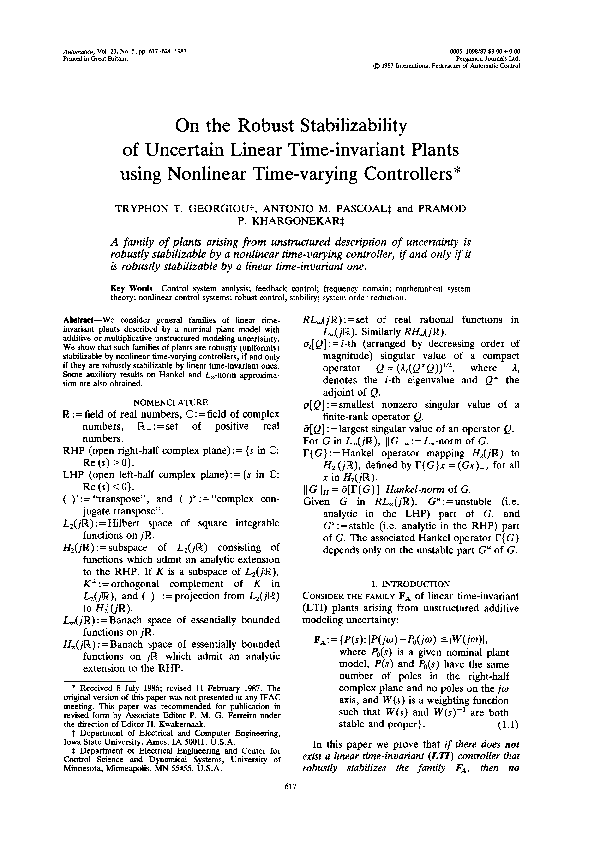 (PDF) On the robust stabilizability of uncertain linear time-invariant plants using nonlinear ...