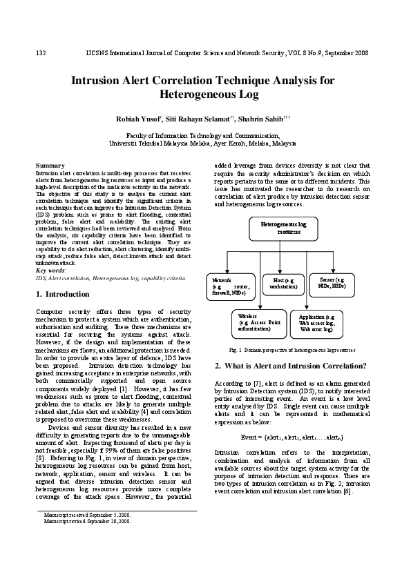 (PDF) Intrusion alert correlation technique analysis for heterogeneous log
