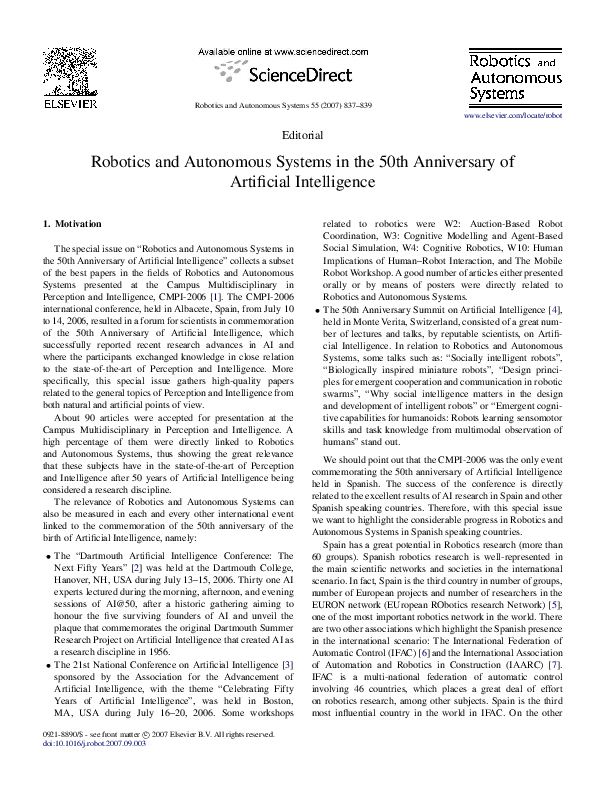 (PDF) Robotics and Autonomous Systems in the 50th Anniversary of ...