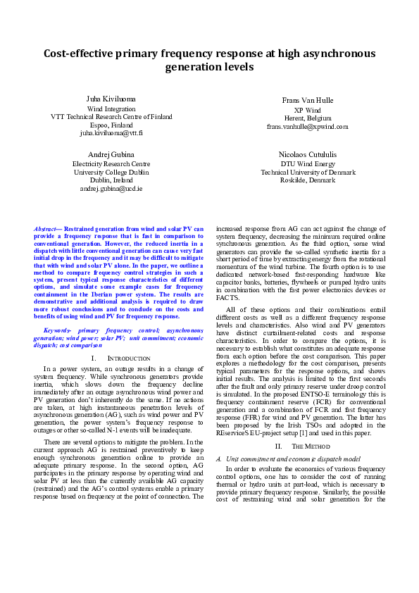 (PDF) Cost-effective Primary Frequency Response at high Asynchronous Generation Levels