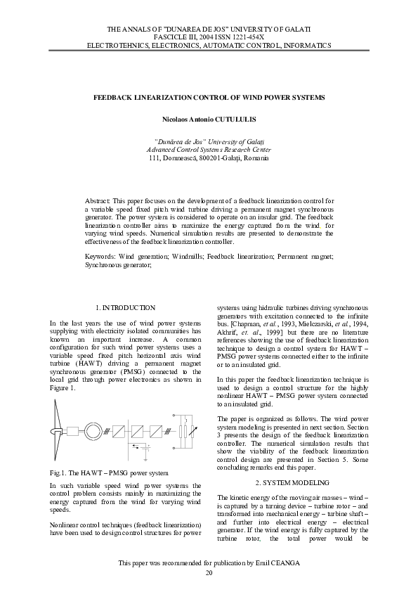 (PDF) Feedback linearization control of wind power systems