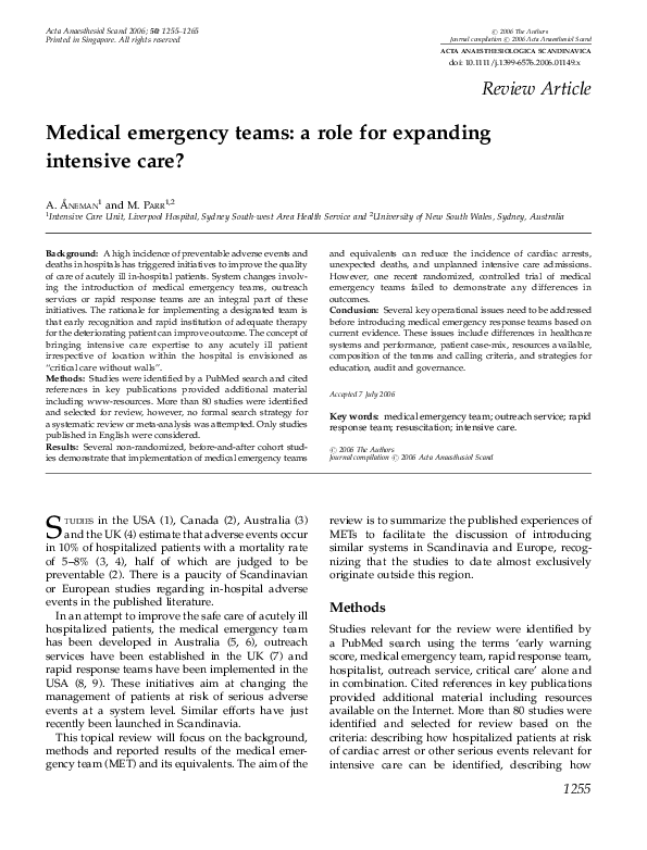 (PDF) Medical emergency teams: a role for expanding intensive care ...