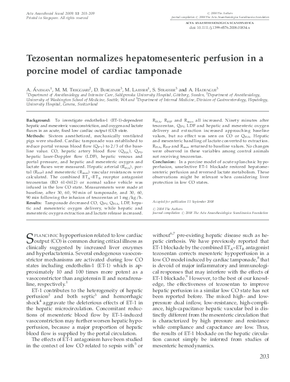 (PDF) Tezosentan normalizes hepatomesenteric perfusion in a porcine ...
