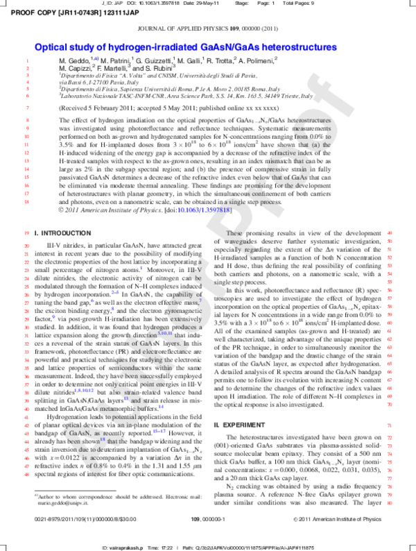 (PDF) Optical study of hydrogen-irradiated GaAsN/GaAs heterostructures