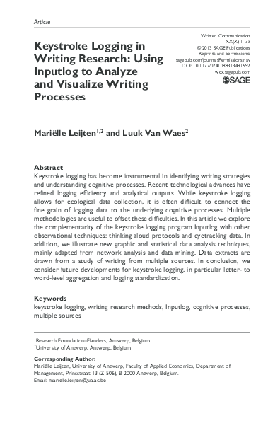 Pdf Keystroke Logging In Writing Research Using Inputlog To Analyze And Visualize Writing
