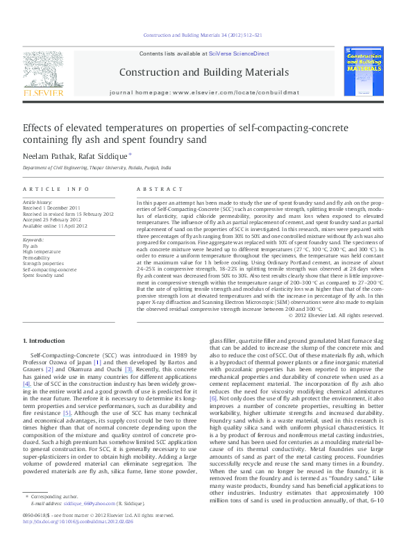 Pdf Effects Of Elevated Temperatures On Properties Of Self Compacting Concrete Containing Fly