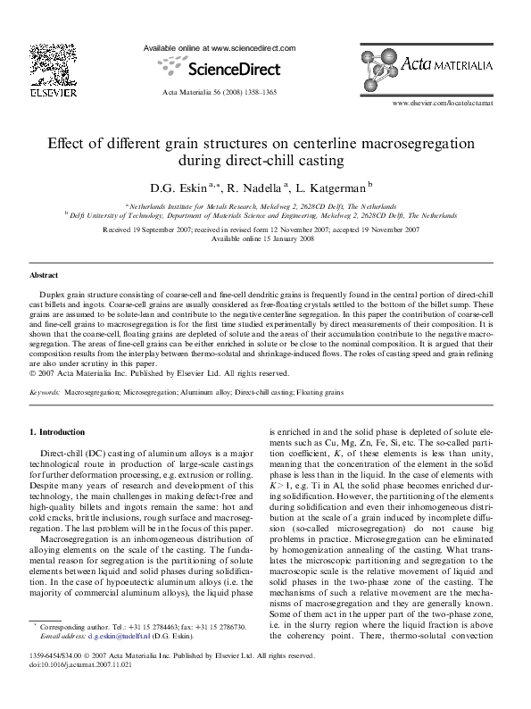 (PDF) Effect of different grain structures on centerline macrosegregation during direct-chill ...