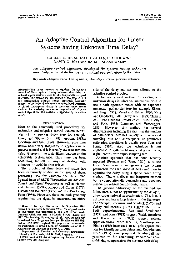 (PDF) An adaptive control algorithm for linear systems having unknown time delay