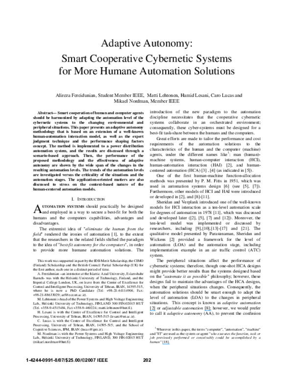 (PDF) Adaptive autonomy: Smart cooperative cybernetic systems for more humane automation ...
