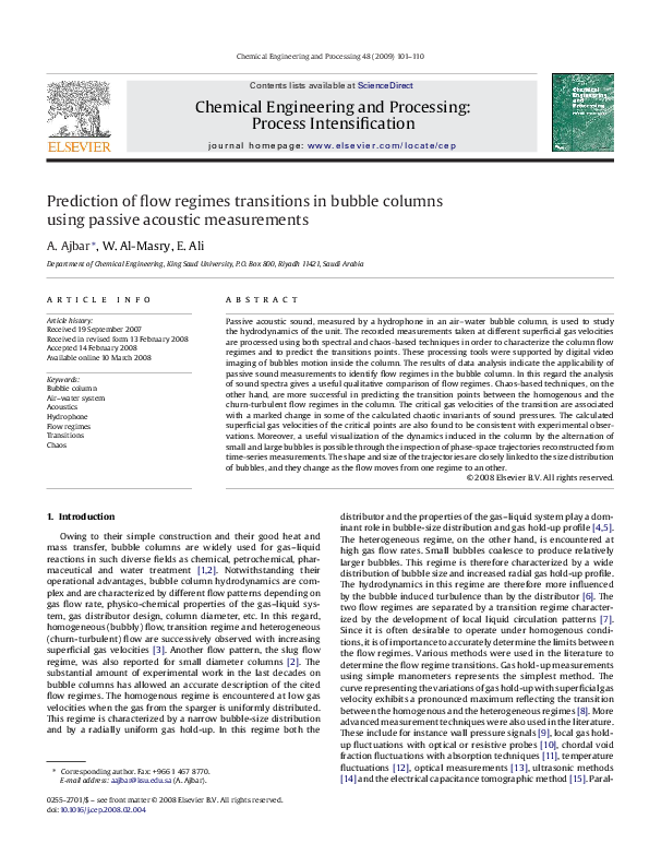 (PDF) Prediction of flow regimes transitions in bubble columns using passive acoustic measurements