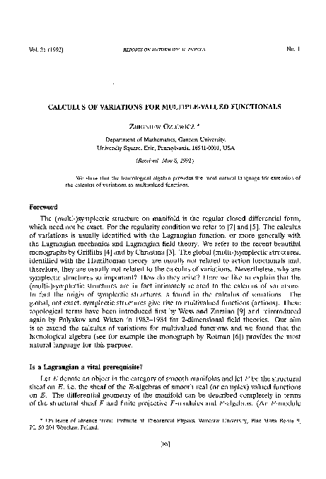 Pdf Calculus Of Variations For Multiple Valued Functionals