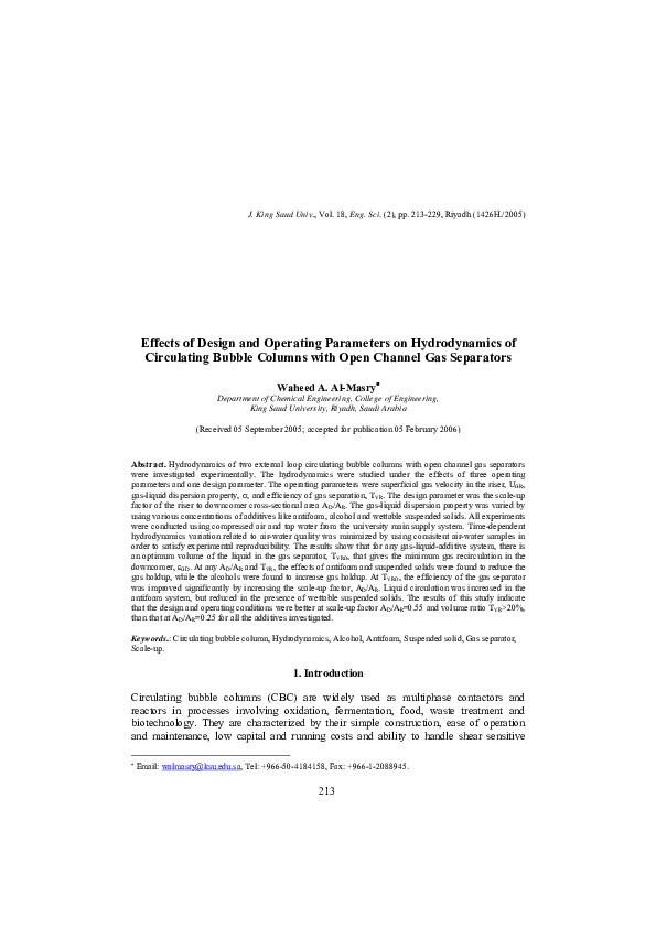 (PDF) Effects of Design and Operating Parameters on Hydrodynamics of Circulating Bubble Columns ...