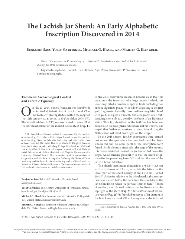 (PDF) 2015. The Lachish Jar Sherd: An Early Alphabetic Inscription ...
