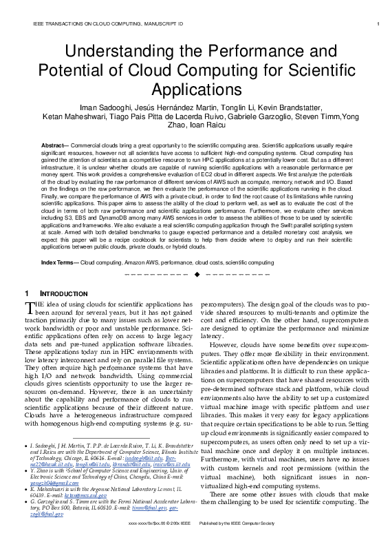 Pdf Understanding The Performance And Potential Of Cloud Computing For Scientific Applications